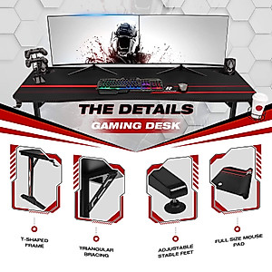 Devoko 55 Inch Gaming Desk T-Shaped PC Computer Table with Free Mouse Pad Carbon Fibre Surface Home Office Desk Gamer Table with Game Handle Rack Headphone Hook and Cup Holder (Black)