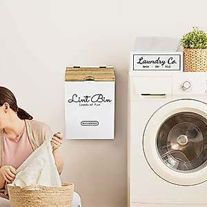 Magnetic Lint Bin and Dryer Sheet Holder Set for Laundry Room, Farmhouse Wooden Lint Trash Can with Lid and Dryer Sheet Dispenser Box Magnetic for Mounting on Dryer,Stylish Laundry Room Organization