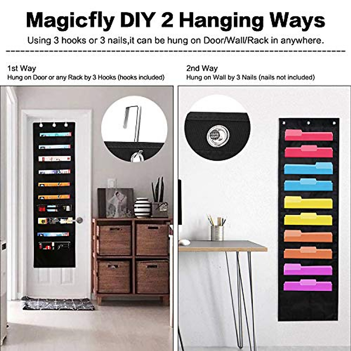 ABC life 20 Pockets Premium Hanging File Folders Organizer/Wall Mount Storage Charts with 6 Over Door/Wall Hangers, Office Paper Filing for Magazine, School/Home/Classroom Organization(2 Pack)