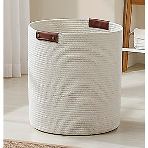 Organizix Large Cotton Rope Laundry Hamper Woven Basket with Leather Handles, Storage Basket for Toys, Blanket, Throws, Pillows and Towels - 16 x 18, Cream