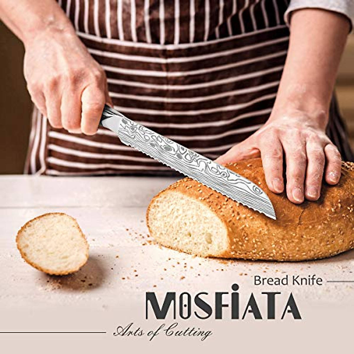 MOSFiATA Bread Knife 8” Ultra Sharp Serrated Knife, German High Carbon Stainless Steel EN1.4116 Bread Slicer with Bread Lame, Micarta Handle, Durable Bread Cutting Knife for Bread, Cake, Bagels