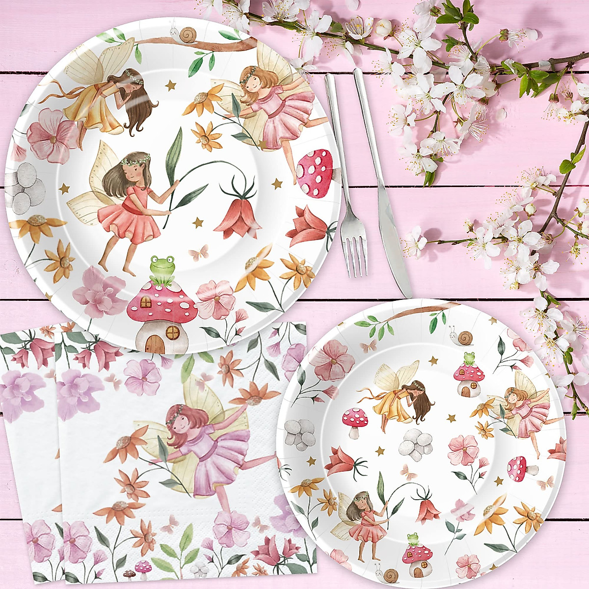 Xigejob Fairy Party Decorations Tableware, Fairy Birthday Party Supplies, Plate, Napkin, Tablecloth, Fork, Flower Fairies Enchanted Forest Garden Birthday Baby Shower Decorations Dinnerware | Serve 24