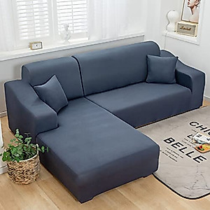 IMYOGI High Stretch Sofa Covers Stretch Sofa Cover L Shape Solid Color Sofa Slipcovers Non Slip Washable Couch Covers Stylish Universal Furniture Protector for Kids -Blue-4 Seater+4 Seater