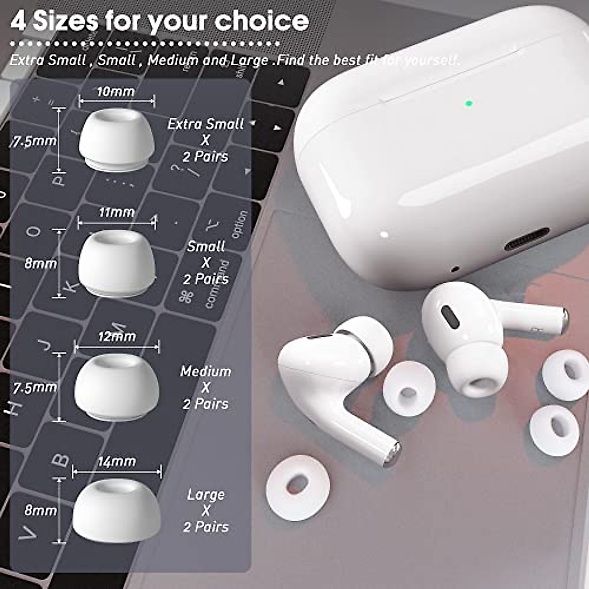 Seltureone 4 Pairs Replacement Ear Tips for Airpods Pro/Airpods Pro 2 with Noise Reduction Hole, Non-Slip Soft Silicone Airpods Pro Replacement Ear Tips with Portable Storage Box (XS/S/M/L)