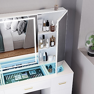Wildhome Vanity Desk with with Mirror and Lights,Makeup Vanity with Glass Top and 7 Drawers&Cushioned Stool,Dressing Table with Drawers, Bedroom Vanity Desk for Women (White-Glass top)