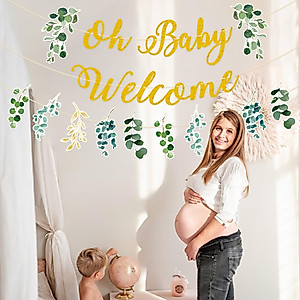 Gifloon Pre-Strung Baby Shower Decorations, Oh Baby Banner Welcome Baby Eucalyptus Leaves for Gender Geveal Party Decorations