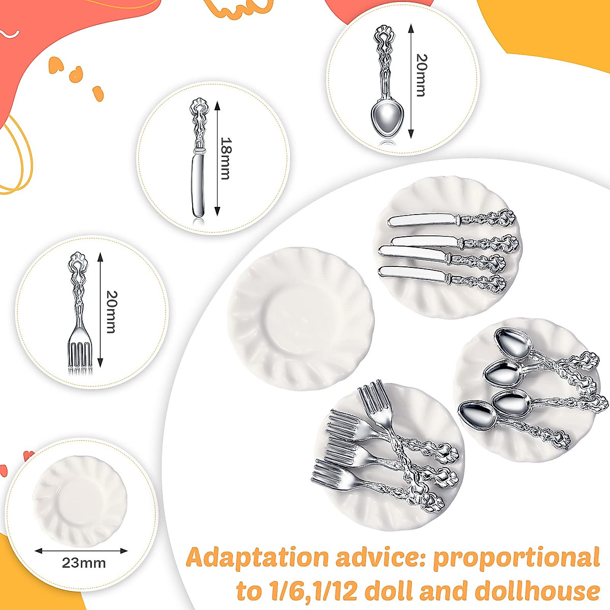 Zhanmai 21 Pcs Dollhouse Miniature Table and Chairs Dollhouse Plates Knives Spoons Forks 1/12 Scale Wooden Table Miniature Mini Dollhouse Accessories for DIY Kitchen Dollhouse Decoration