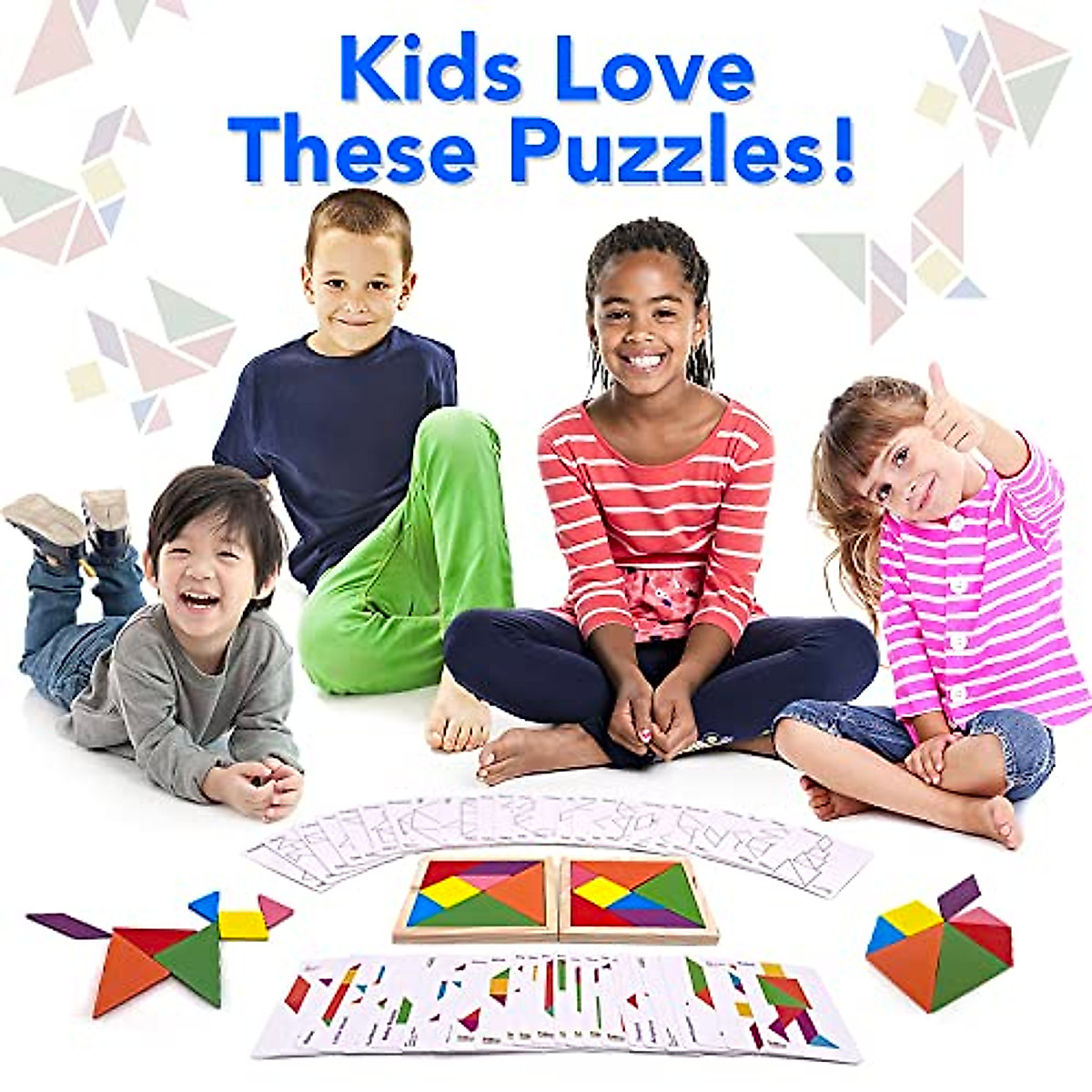 3 Bees & Me 2 Wooden Tangram Shapes Puzzle Toys with 52 Pattern Cards for Kids and Adults - Montessori Wood Toy, STEM Shape Puzzles Manipulatives Games, Educational Tangrams, Brain Logic Blocks