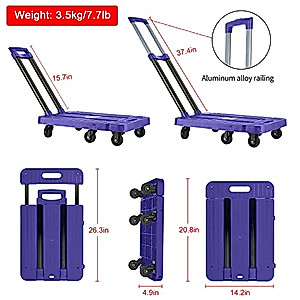Folding Hand Truck, 500 LB Heavy Duty Luggage Cart, Utility Dolly Platform Cart with 6 Wheels for Luggage Car House Travel Moving Shopping Office Use, Purple