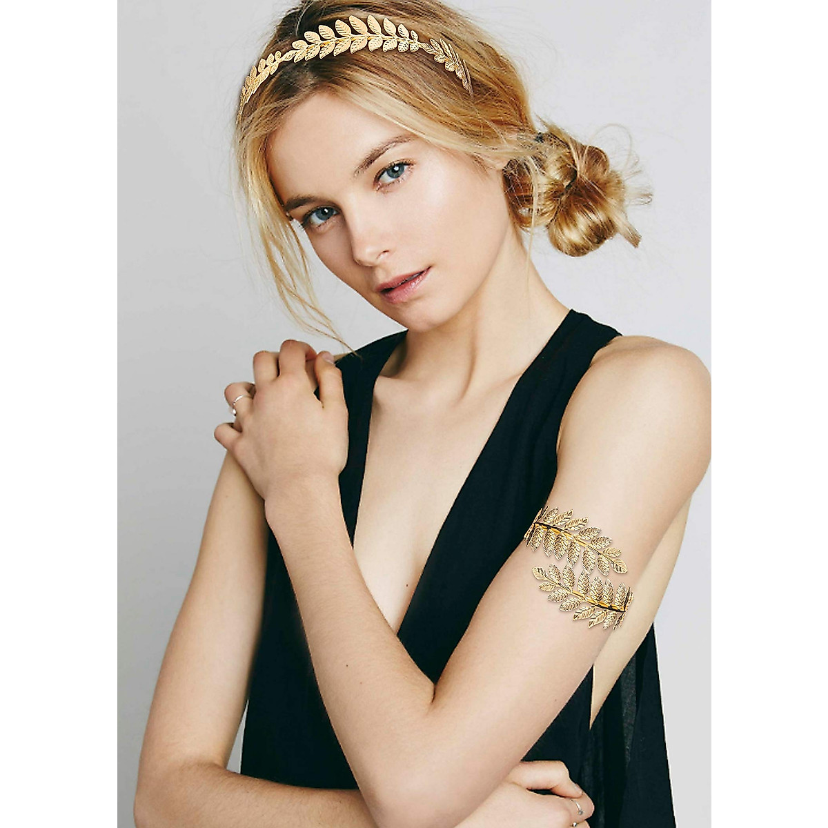 Finrezio Greek Goddess Headband Arm Cuff Bridal Jewelry Set Roman Laurel Leaf Branch Crown Armlet Upper Arm Band Bracelet Adjustable (A:Gold tone)
