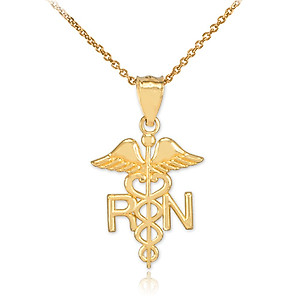 American Heroes Polished 10k Yellow Gold Caduceus RN Charm Registered Nurse Pendant Necklace, 18"