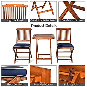 WYKDD 3PCS Patio Folding Wooden Bistro Set Cushioned Chair Conversation Table Chair Seat Cushion