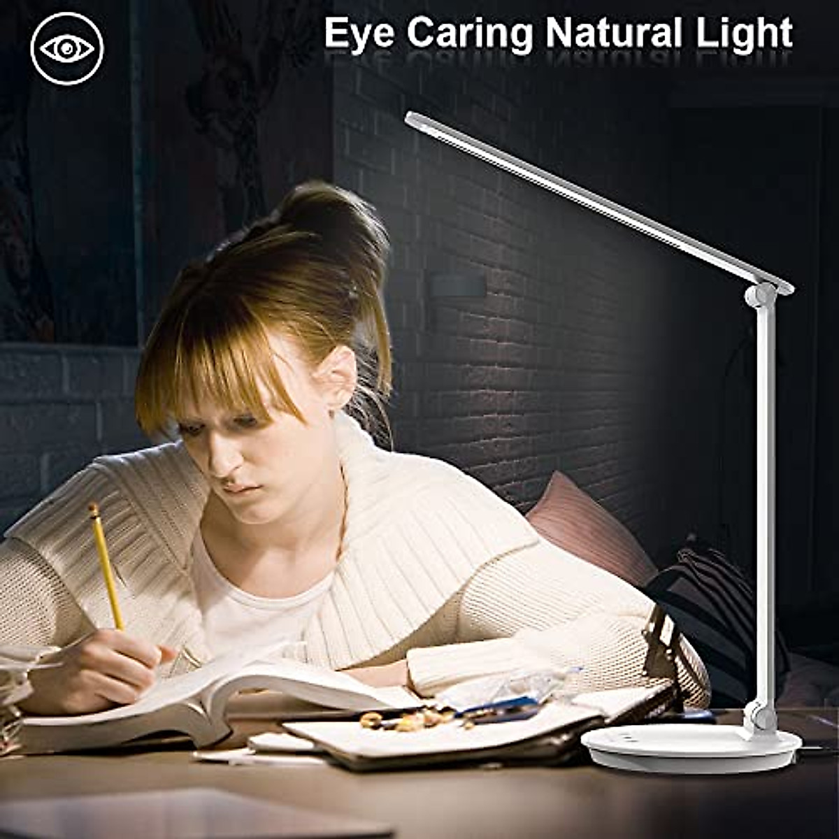 Orlian LED Desk Lamp, Table Lamp with Touch Control USB Charging, Eye-Caring Desk Lamp Aluminum Multiple Angle Adjustments LED Light for Office, Home, Reading and More,White