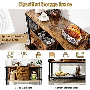 QZWCQ Buffet Storage Cabinet, 39" Kitchen Sideboard with Open Shelf, Industrial Buffet Sideboard Kitchen Cupboard with Metal Mesh Doors & 2 Drawers for Kitchen Hallway Entry Living Room Dining Room