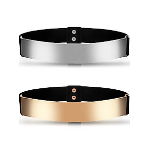 Chuangdi 2 Pieces Women's Mirror Stretch Waist Dress Belt Skinny Belt for Women Dress Waist Belt Metal Mirror Elastic Belt (Gold, Silver)