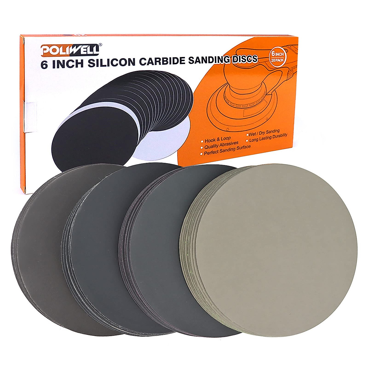 POLIWELL 6 Inch (150mm) Hook and Loop Sanding Discs, 1000/1500/2000/3000 Assorted Grit Wet Dry Sandpaper with Premium Silicon Carbide Abrasive for Automotive Woodwork Art Craft, Pack of 40