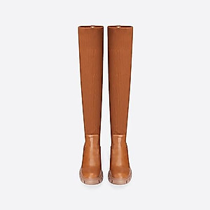 NEWBELLA Womens Over Knee Boots Thigh High Stretch Knitted Socks Chunky Block Heel Boots (Brown, Adult, Women, 7, Numeric, US Footwear Size System, Medium)