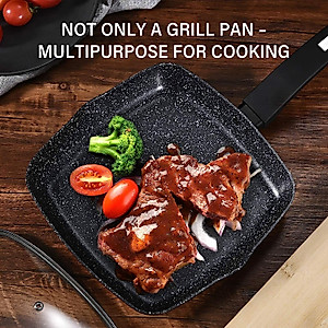 KOCH SYSTEME CS 9.5 Inch Nonstick Grill Pan for Stove Tops, Marble Coating Square Grill Skillet with Lid, Fry Pan Compatible with all Stoves, Ultimate Nonstick Skillet with Bakelite Handle, Toxic-Free