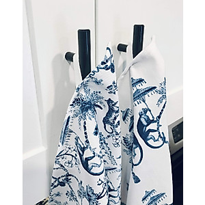All Day Soirée Chinoiserie Designer Kitchen Tea Towels 3 Pack 100% Absorbent Cotton Tiger Monkey Floral Hand Towel Large Dish Cloth Set Blue White