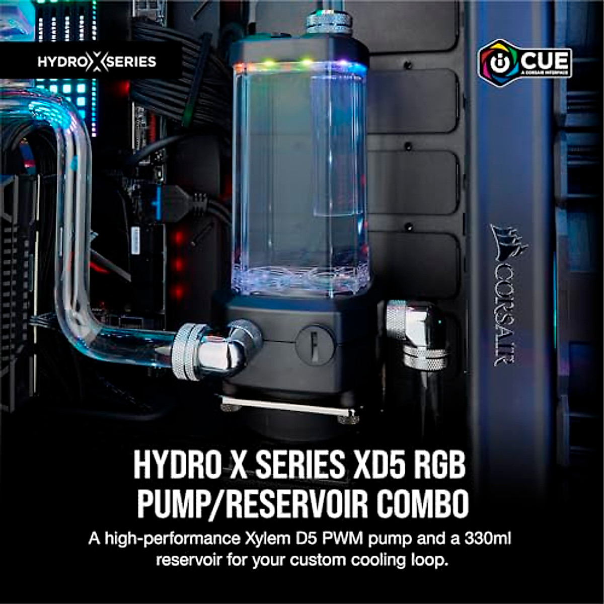 Corsair Hydro X Series XD5 RGB Pump/Reservoir Combo - D5 PWM Pump - 330ml Reservoir - Ten Individually Addressable RGB LEDs - Temperature Sensor - Black