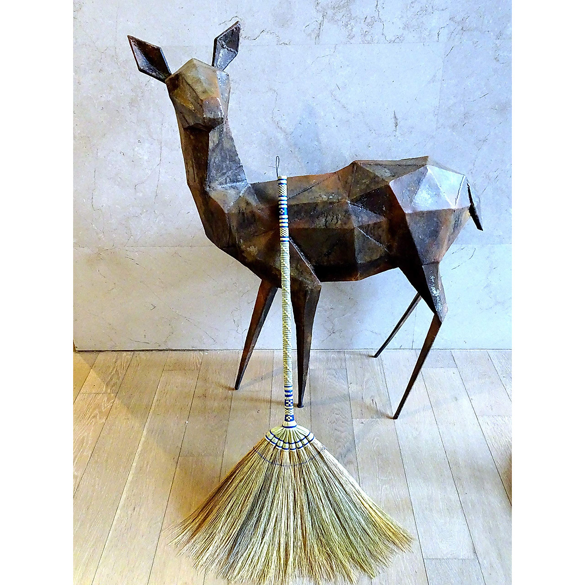 Handmade Asian Broom Natural Bamboo Wood Broomstick for Sweeping, RED or Blue Thai Grass Woven Design Corn Broom & Cover Set