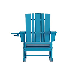 Flash Furniture Halifax Adirondack Rocking Chair with Cup Holder, Weather Resistant Poly Resin Adirondack Rocking Chair, Blue