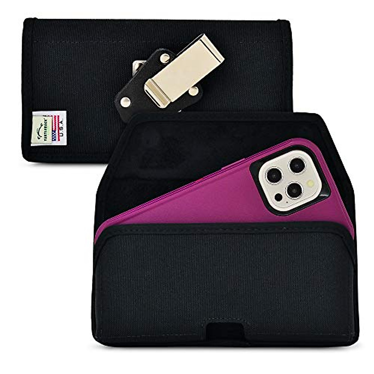 Turtleback Holster Case Designed for iPhone 14 Pro Max, 14 Plus, 12/13 Pro Max Fits w/ OB Defender or Bulky Cases, Black Nylon Holster Pouch with Heavy Duty Rotating Belt Clip, Horizontal