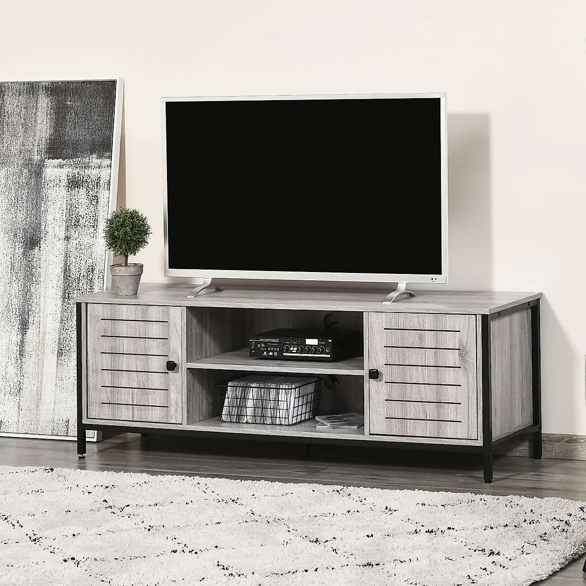 HOMCOM TV Stand for TVs up to 60", Industrial Entertainment Center Cabinet with Storage Shelves for Living Room or Bedroom, Oak