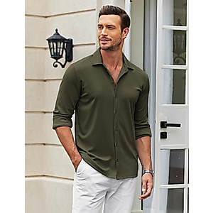 COOFANDY Men Long Sleeve Button Up Shirts Summer Lightweight Slim Fit Dress Shirts Army Green
