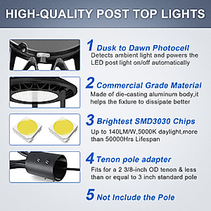 LED Post Top Light with Dusk to Dawn Photocell,80W/100W/120W/150W Power Tunable,3CCT 3000K-4000K-5000K,LED Circular Pole Light Outdoor Post Light,for Garden Street Lighting,IP65 DLC&ETL Listed-2Pack