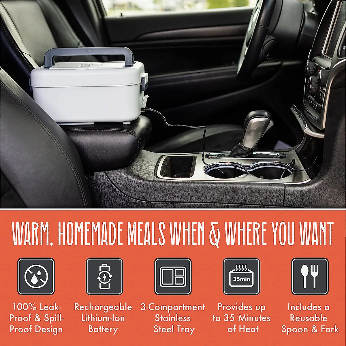 Honeybean Home Self Heating Lunch Box for Work & School – Battery Powered Portable Food Warmer Lunch Box With 35 Minutes of Heating Capability – Our Heated Lunch Box Comes With a Reusable Fork & Spoon