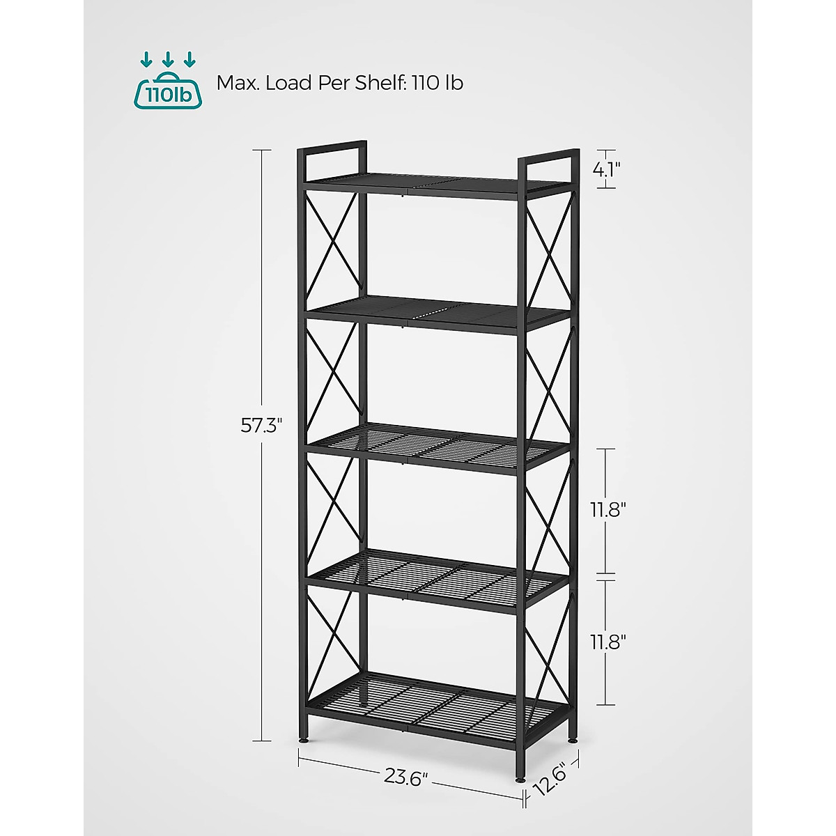 SONGMICS 5-Tier Metal Storage Rack, Shelving Unit with X Side Frames, Dense Mesh, 12.6 x 23.6 x 57.3 Inches, for Entryway, Kitchen, Living Room, Bathroom, Industrial Style, Ink Black UBSC165B01