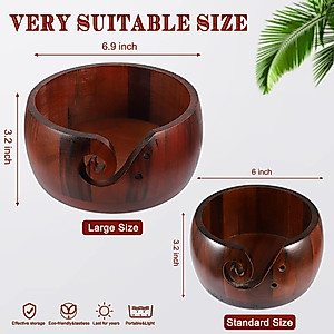 LucyPhy Wooden Yarn Bowl 6.7 x 3.2inch Handmade Craft Knitting Bowl Wool Storage Basket with Carved Holes & Drills for DIY Knitting Crocheting Accessories(Brown Color)