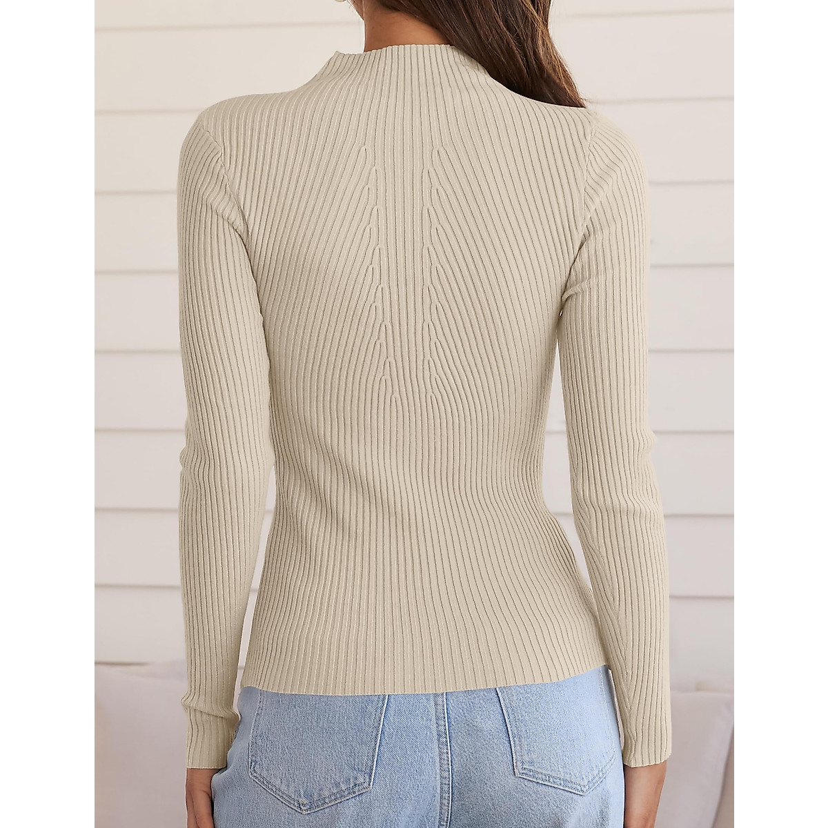 ZESICA Women's Fall Long Sleeve Turtleneck T Shirt Ribbed Knit Sweater Slim Fit Basic Casual Tee Tops,Almond,Medium