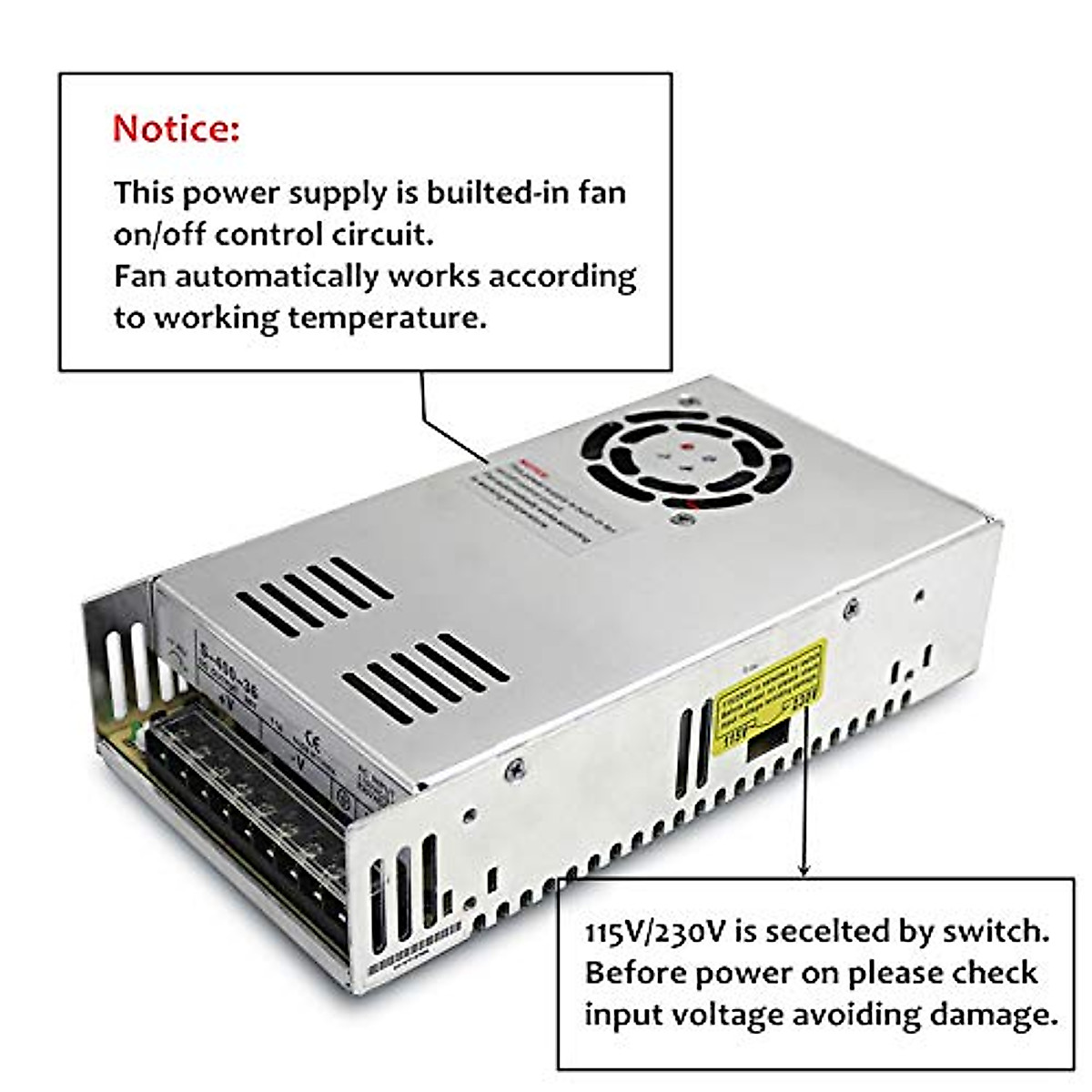 RATTMMOTOR Single Output 400W 36V 11A DC Switching Power Supply Input 115-230V/AC by Switch for LED, Display, Lighting Appliances and Industrial Control Equipment