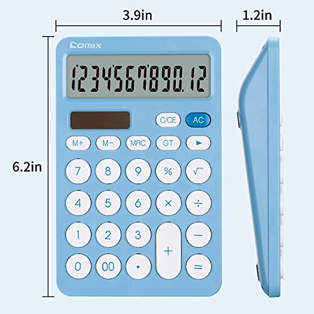 Comix Desktop Calculator with Large LCD Display and Big Button, 12 Digits Baisc Calculator, Standard Calculator, Solar Battery Dual Powered, for Office Home School & Business Use (Blue)