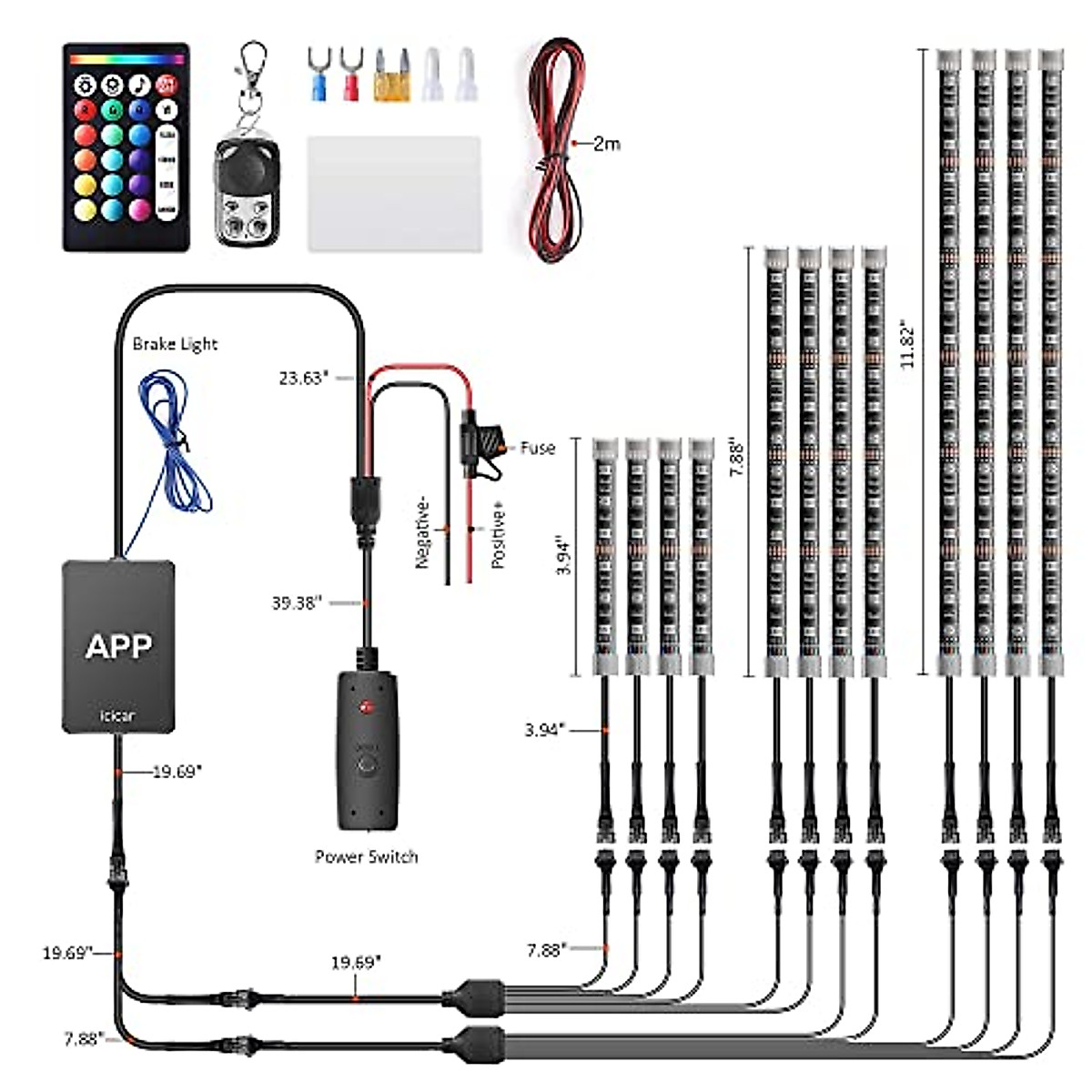 12PCS Motorcycle LED Underglow Kit, icicar Motorcycle Lights App Control Music Sync LED Motorcycle Lights Brake Feature Waterproof Dual Remote Motorcycle Underglow LED Light Kit for UTV ATV Golf Cart