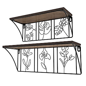 QUTREY Plant Wall Art Floating Shelves Set of 2, Minimalist Metal Abstract Decor Rustic Wooden Shelf for Living Room, Bedroom, Bathroom