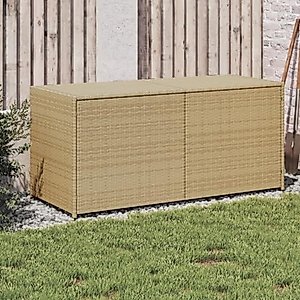 GOLINPEILO 74.8 Gal Outdoor Storage Box, Patio Rattan Deck Box, Wicker Storage Bin Deck Box, Poly Rattan Patio Storage Chest with Hinged Lid for Cushions, Pillows, 47.2"x19.7"x22" Mix Beige