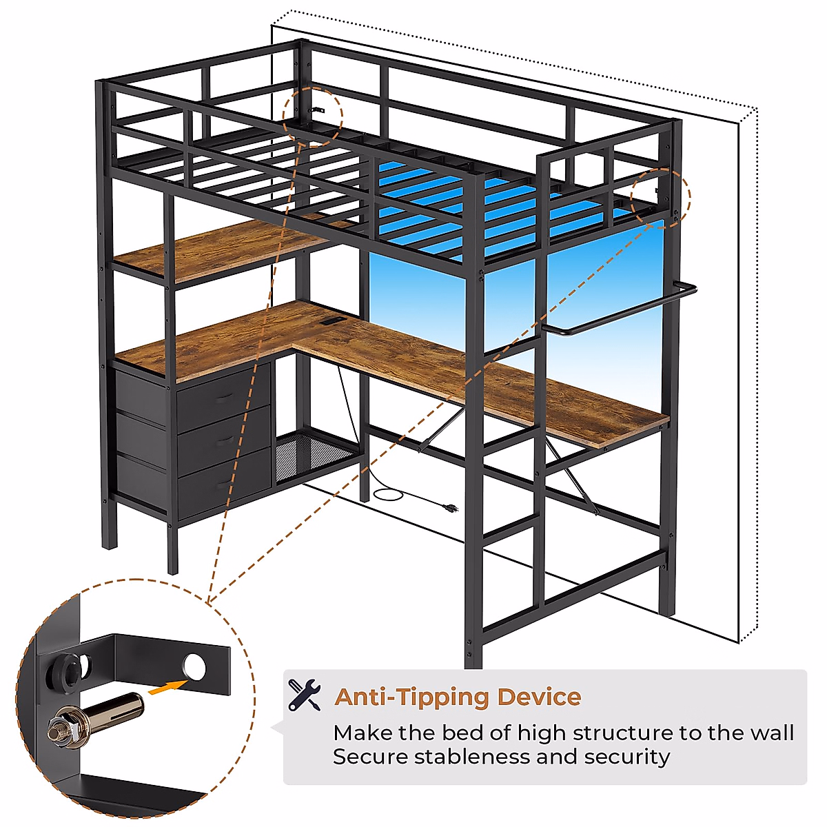 DICTAC Twin Metal Loft Bed with L-Shaped Desk, LED Lights,Charging Station LED Loft Bed Frame Twin Size with 3 Storage Shelves and 3 Fabric Drawers, Safety Guard & Ladder, No Box Spring Needed, Black