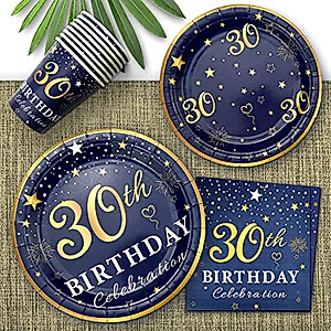 algpty 30th Birthday Decorations Plates and Napkins Blue and Gold, Service for 30, 30th Birthday Party Bundle Includes Navy Blue Plates, Napkins, Cups 30th Birthday Supplies for Men Women