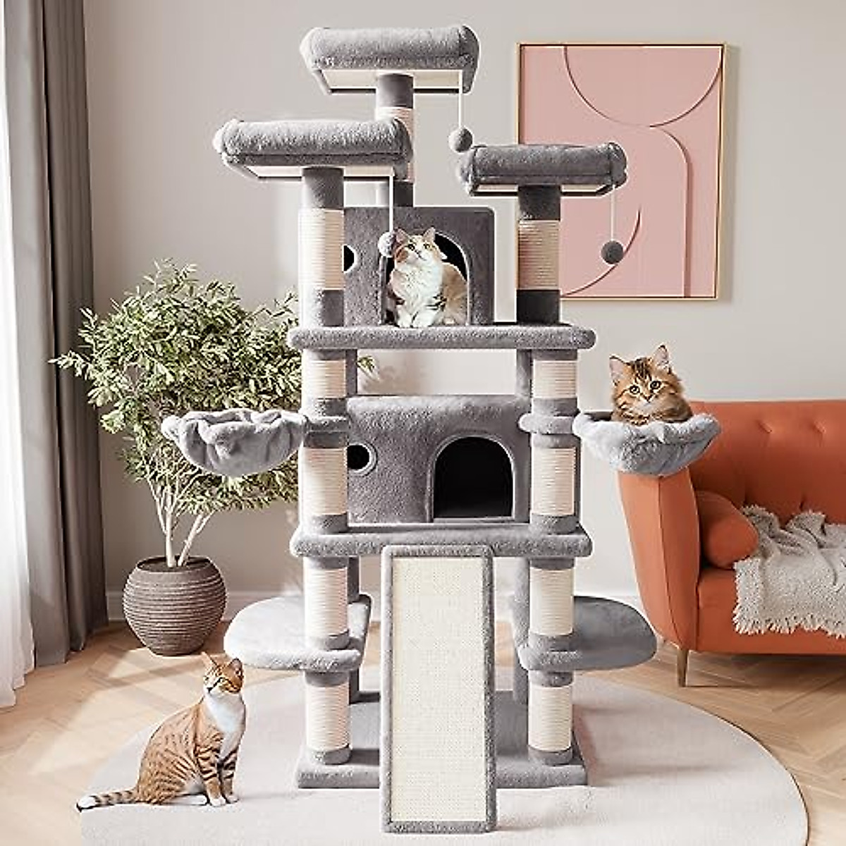 SHA CERLIN 68 Inches Multi-Level Large Cat Tree for Large Cats/Big Cat Tower with Cat Condo/Cozy Plush Cat Perches/Sisal Scratching Posts and Hammocks/Cat Activity Center Play House, Grey