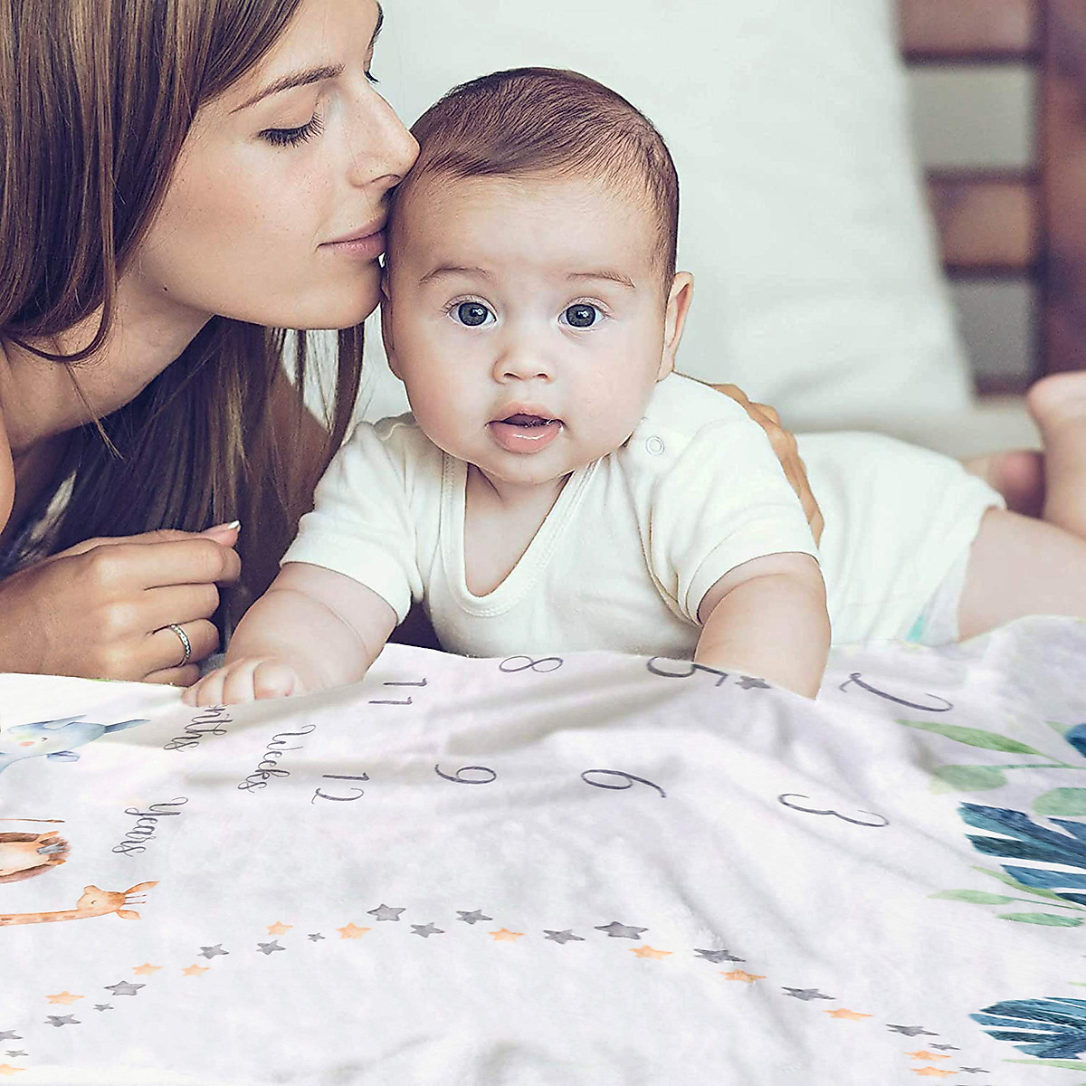 Baby Monthly Milestone Blanket Boy Safari Jungle Animals Personalized Growth Mat Super Soft Photo Blankets