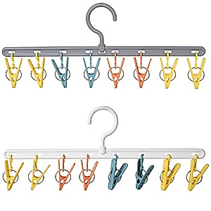Foshine Clothes Hanger with 8 Color Clips 2 Pack Clothes Drying Racks Windproof for Drying Socks Bras Underwears Baby Clothes, Hats Scarfs Towels Pants and Gloves Diaper White Gray