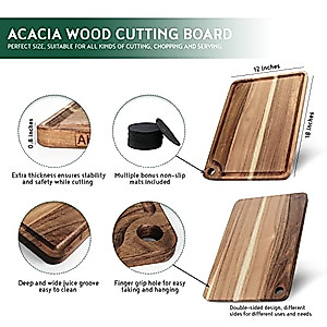 AZRHOM Large Wood Cutting Board for Kitchen 18x12 with Juice Groove Handle Non-slip Mats Hanging Hole for Meat Vegetables Cheese Chopping Board Butcher Block (Acacia)