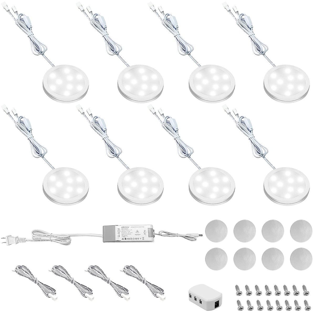 HURYEE Under Cabinet Lighting Puck Lights, 12V Linkable Led Puck Lights, Plug in/Hardwired, LED Driver, Dimmable Transformer Compatible with Most Dimmer Switch, 8 Pack Daywhite 6000K