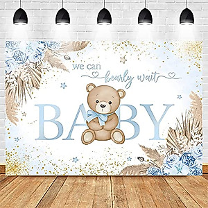 Mocsicka Boy Bear Baby Shower Backdrop Blue Boho Pampas Grass Baby Shower Background We Can Bearly Wait Baby Shower Party Cake Table Decoration Photo Booth Props (7x5ft)