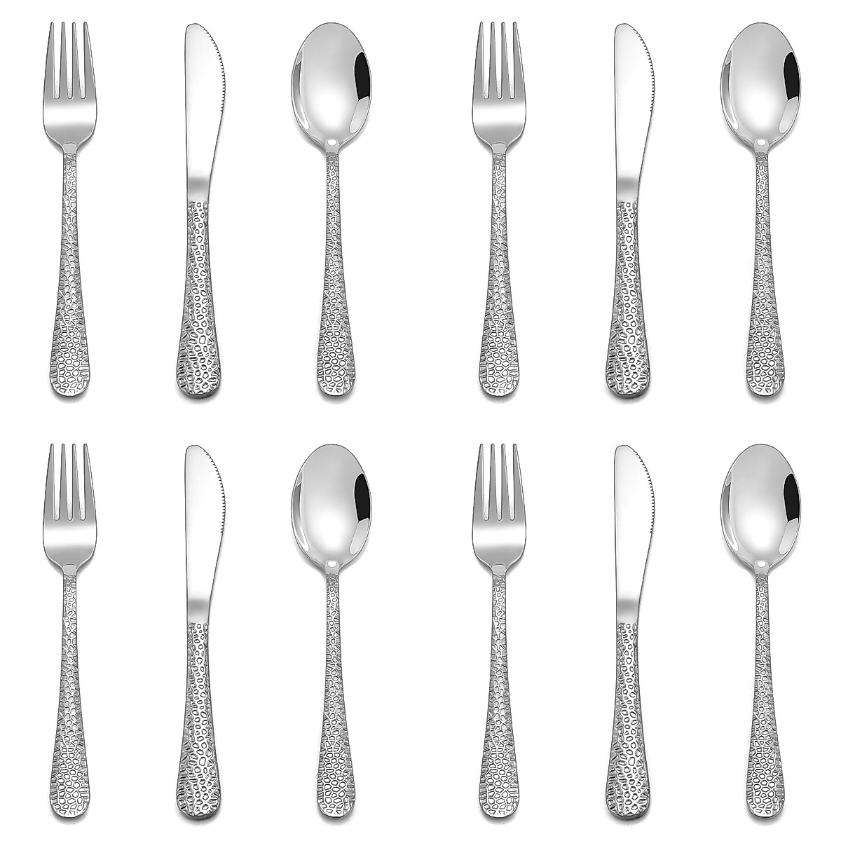 E-far 12-Piece Toddler Silverware, Stainless Steel Kids Preschooler Utensils with Adult Look, Hammered Flatware Includes 4 Forks 4 Spoons 4 Knives, Safe for Self Feeding, Non-Toxic & Dishwasher Safe