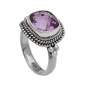 NOVICA Artisan Handmade Amethyst Cocktail Ring Sterling Silver from Bali Purple Single Stone Indonesia Ultra Violet Birthstone [crownbezel 0.6 in H x 0.8 in W x 0.2 in D Band Width 4 mm W] ' Purple