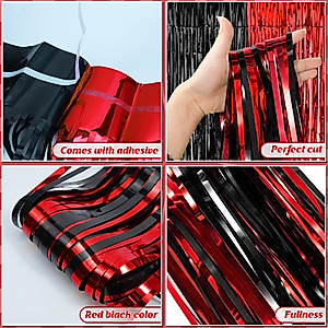 6 Pack 3.3Ft x 6.6Ft Graduation Foil Fringe Curtain Backdrop Decorations, Red Black Metallic Tinsel Foil Streamers Curtain Photo Booth Background for Graduation Prom Wedding Birthday Party Decorations